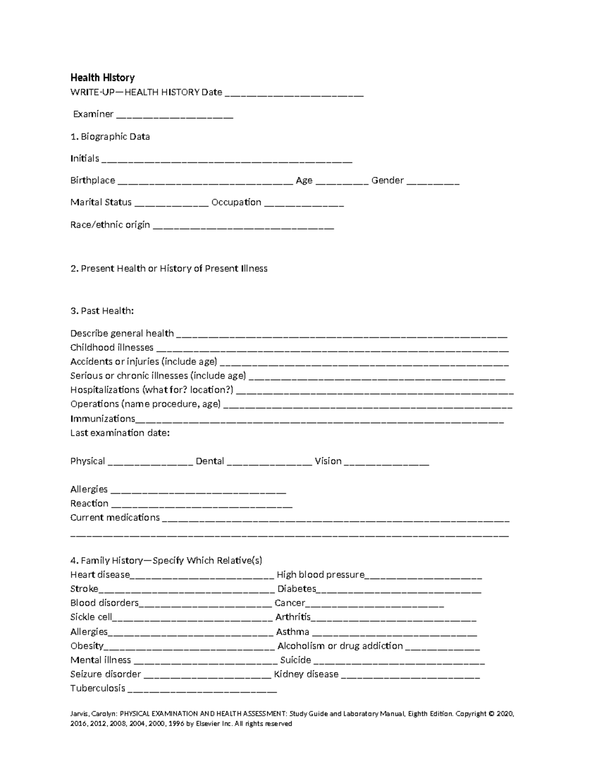 Health History Worksheet: Comprehensive Assessment Guide - Studocu