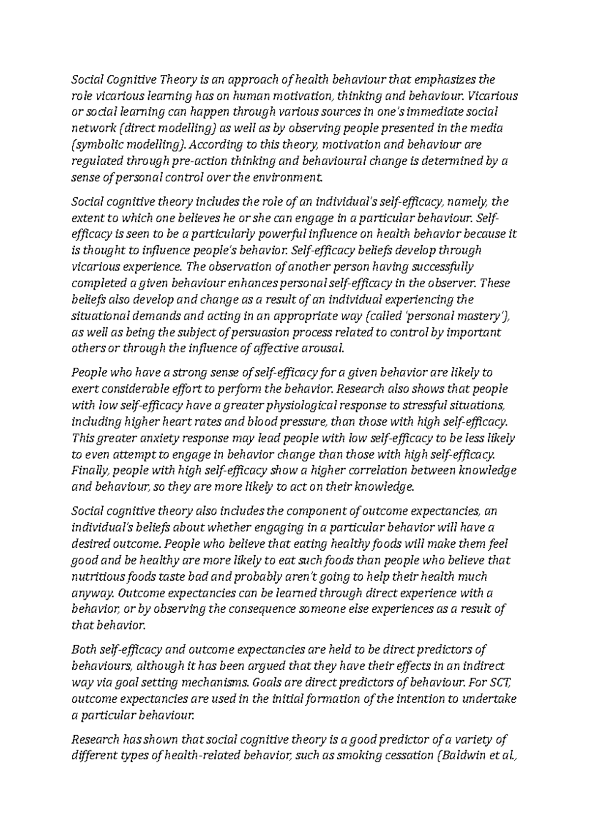 Social Cognitive Theory - Health Behavior Assignment Analysis - Studocu