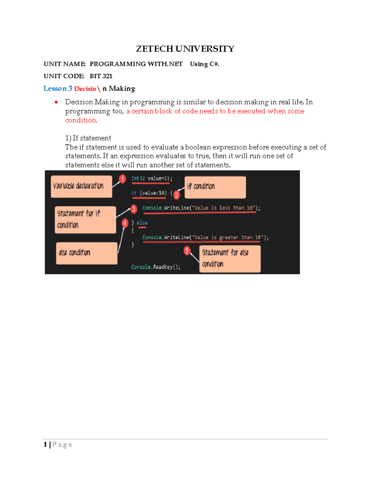 Lesson 3 Decision making statements in C# - ZETECH UNIVERSITY UNIT NAME ...