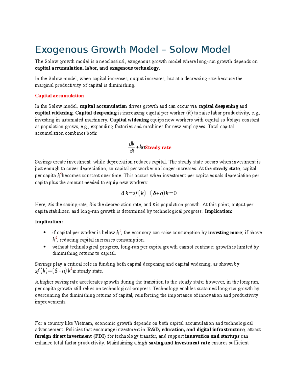 Exogenous Growth Model: Insights from the Solow Framework - Studocu