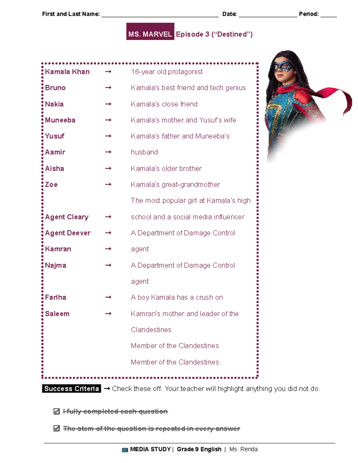 Media Study Worksheet: Analysis of Ms. Marvel Episode 3 (ENL1W) - First ...