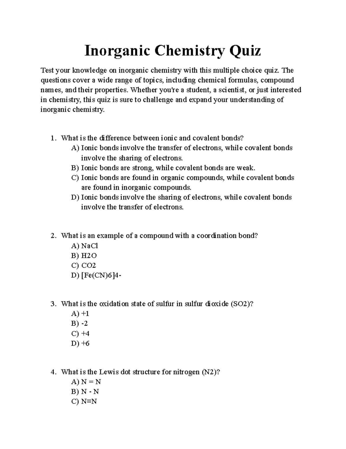 Inorganic Chemistry Quiz - The questions cover a wide range of topics ...