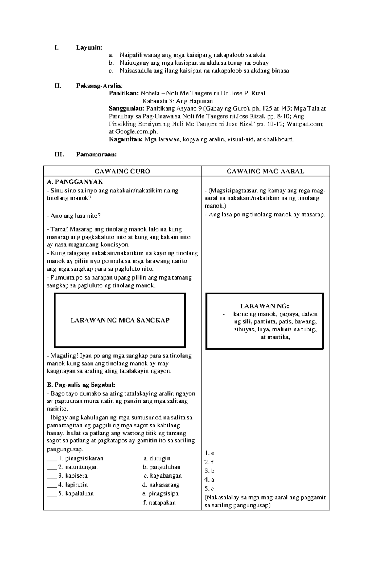 Ilide - for research - I. Layunin: a. Naipaliliwanag ang mga kaisipang ...