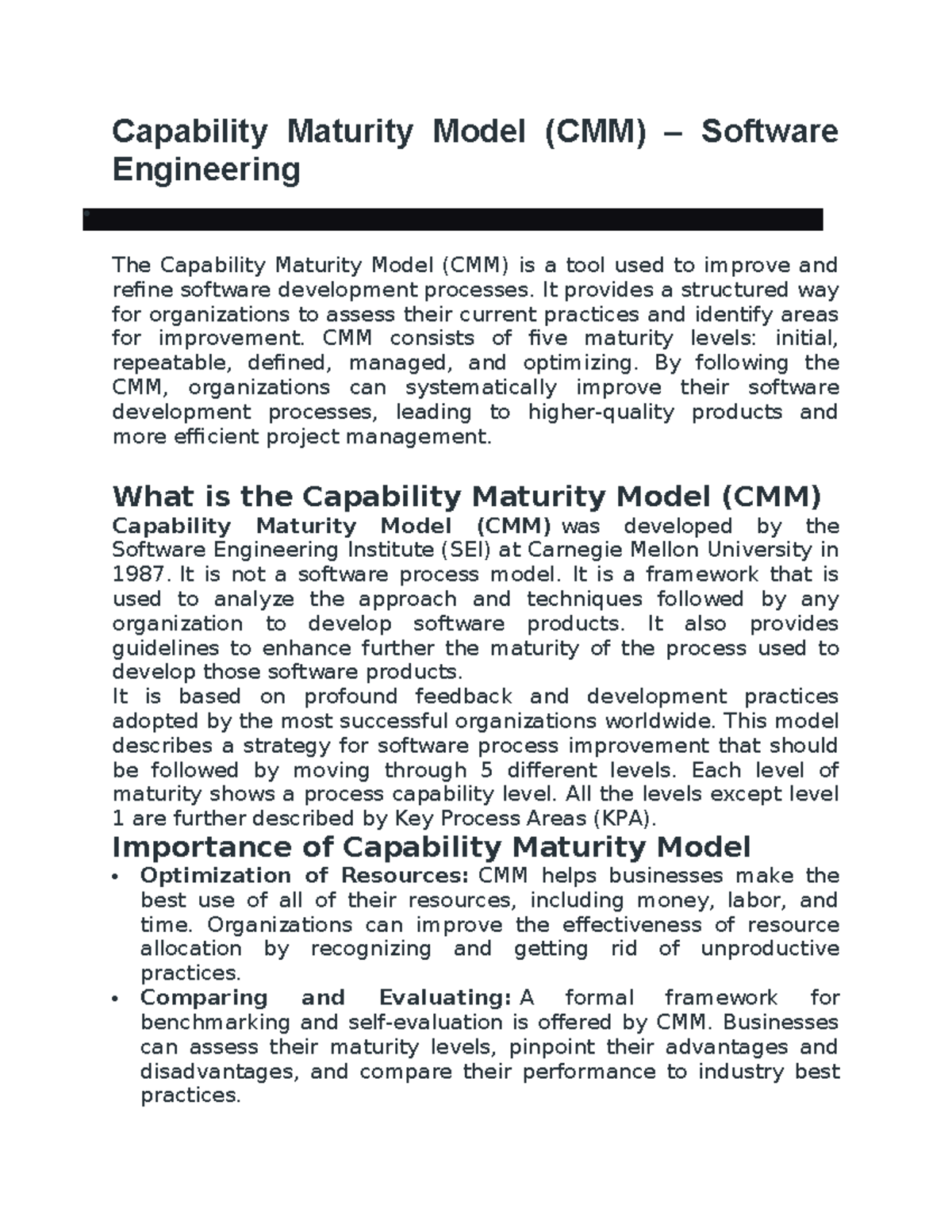 CMM Overview: Capability Maturity Model for Software Engineering - Studocu