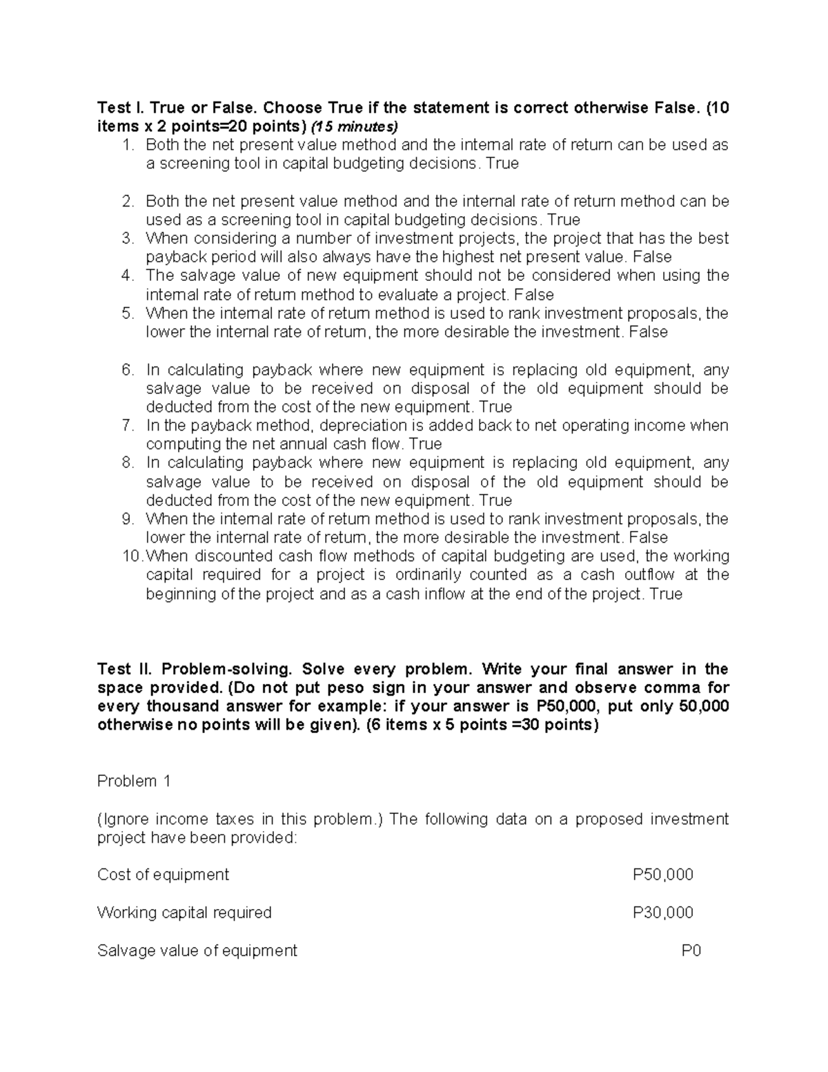 PT 3 - QUIZ: True or False & Problem Solving on Capital Budgeting - Studocu