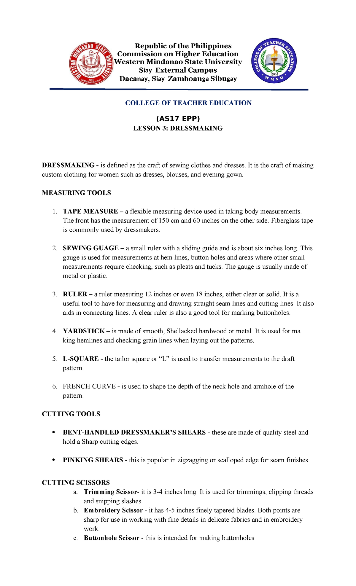 Lesson 3: Dressmaking Tools and Measurements G 3 - Studocu