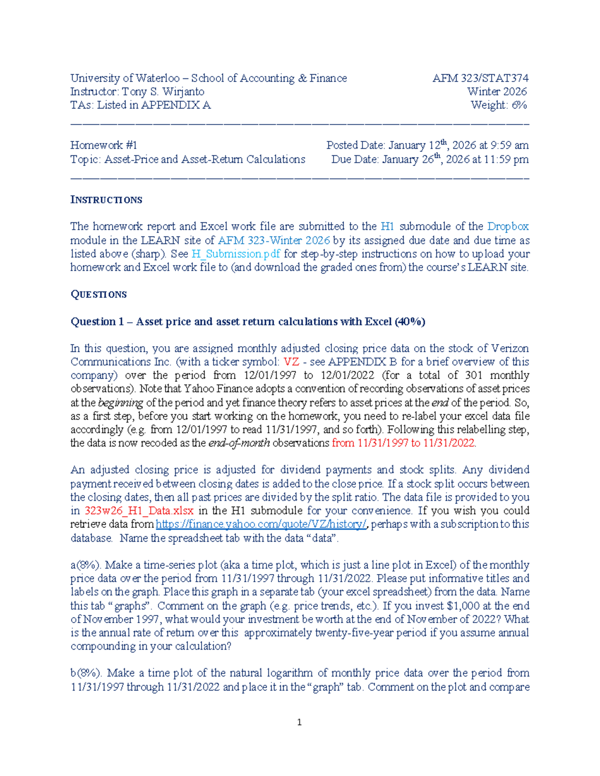 AFM 2026 Homework 1: Asset Price & Return Calculations - Studocu