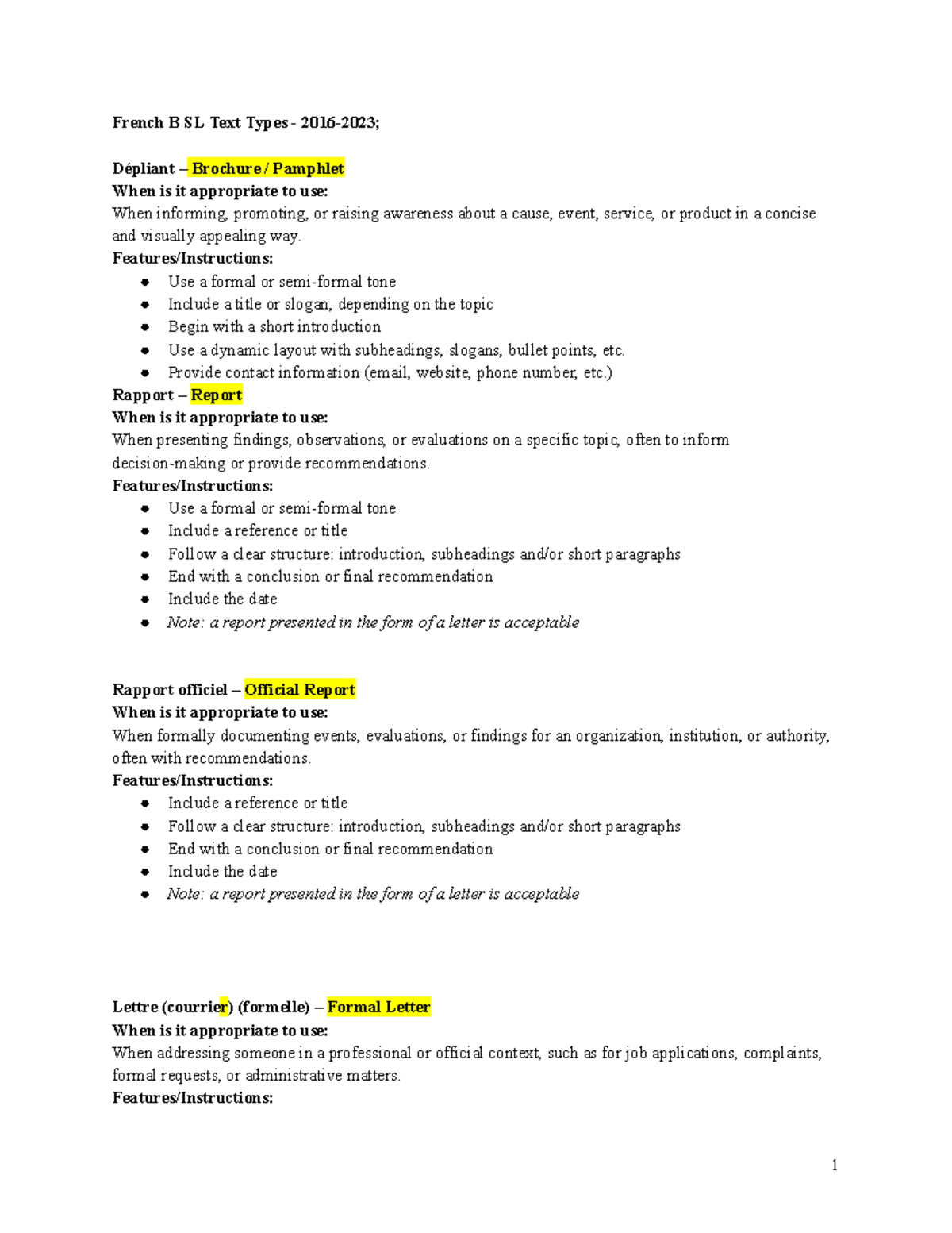French B SL Text Types: Dépliant, Rapport, Lettre, Article, and More ...
