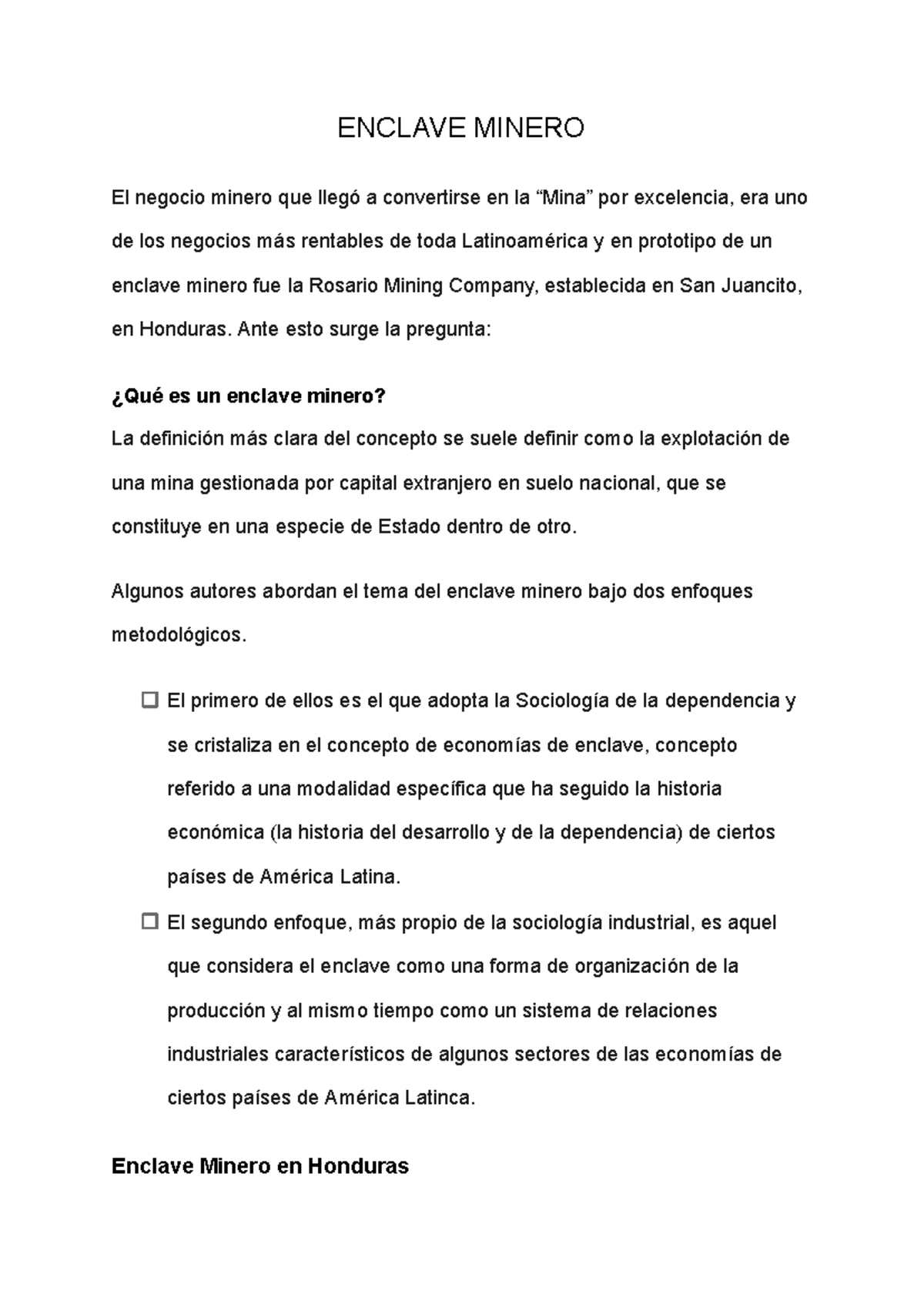 Resumen del Enclave Minero en Honduras: Un Estudio Detallado - Studocu