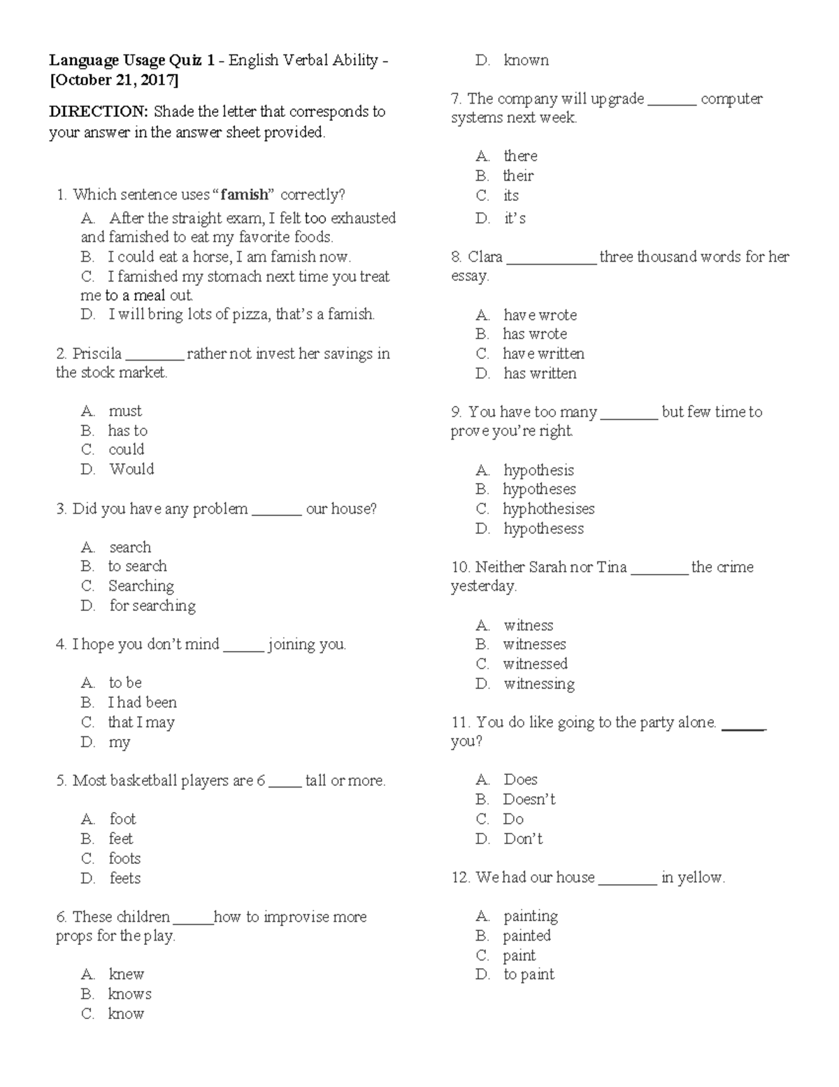 Language Usage Quiz 1 - English Verbal Ability (ENG 198) - Studocu