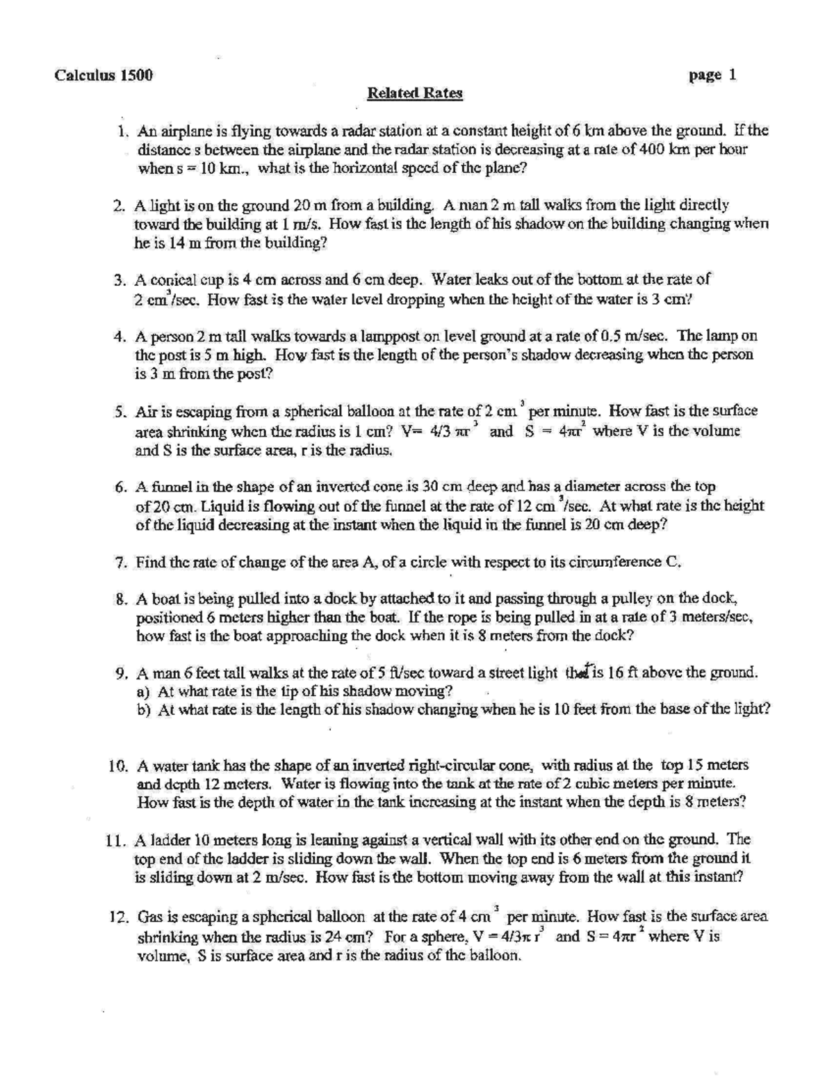 Calculus 1500 Related Rates Worksheet with Solutions - Studocu