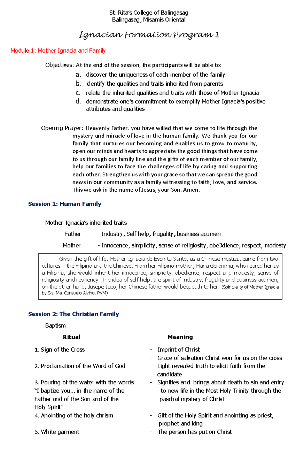 Module 1: Exploring Mother Ignacia's Family Influence and Legacy - Studocu