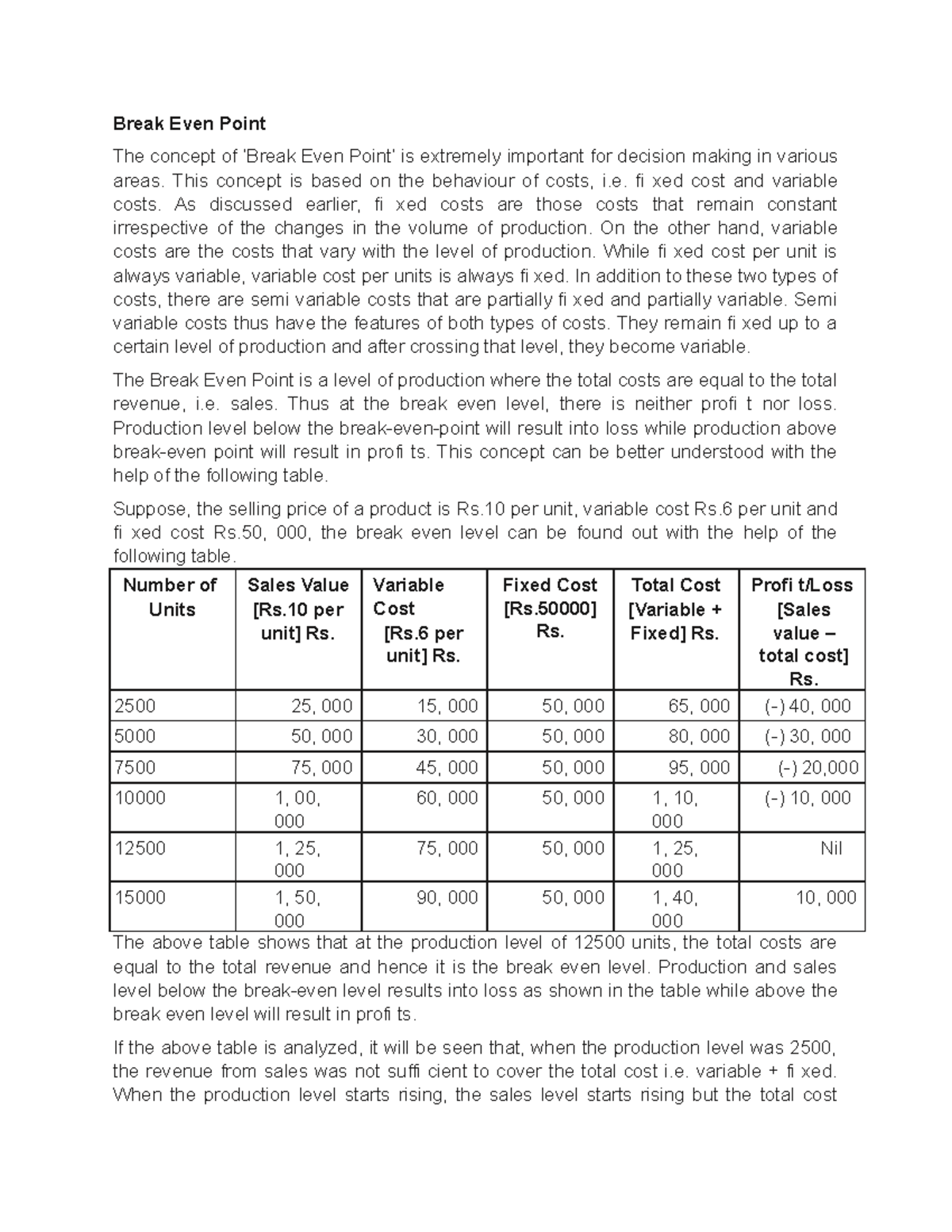 Break Even Point Analysis: Understanding Costs and Revenues - Studocu