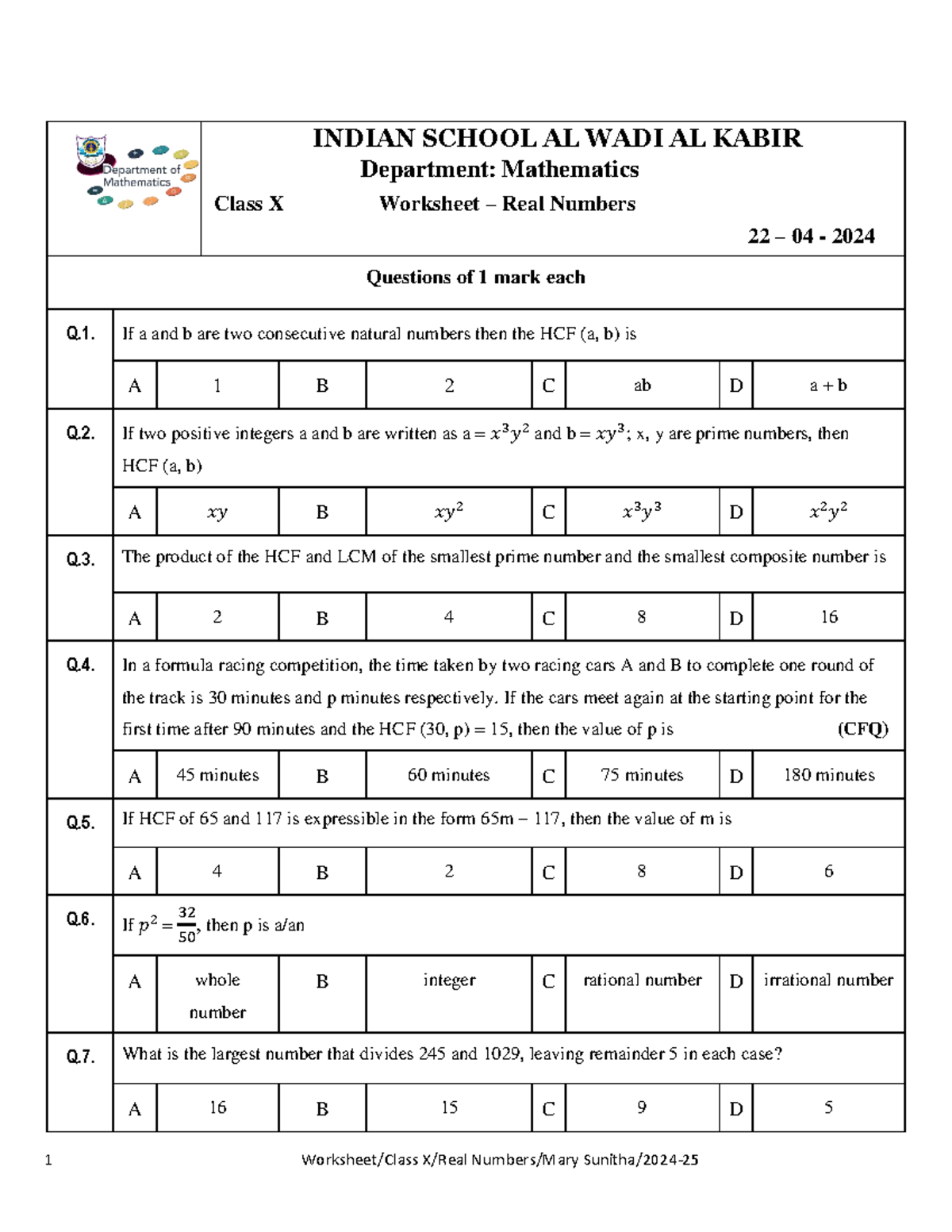 Real Numbers Worksheet - Class X Mathematics (22/04/2024) - Studocu