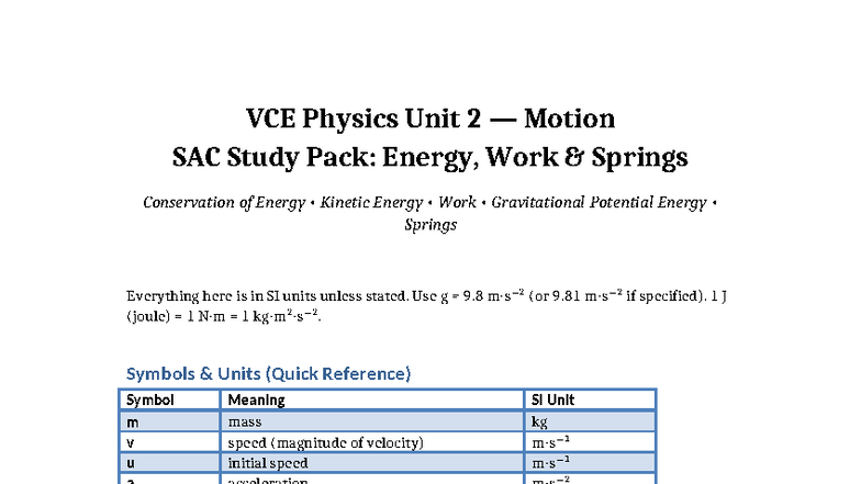 VCE Physics Unit 2 Motion SAC Study Pack: Energy, Work & Springs - Studocu