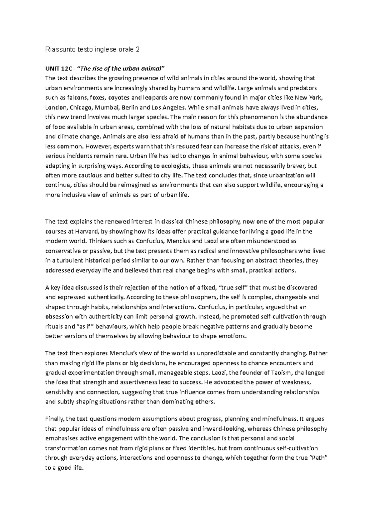 Riassunto Testo Inglese Orale 2 - UNIT 12C: Urban Wildlife & Chinese ...