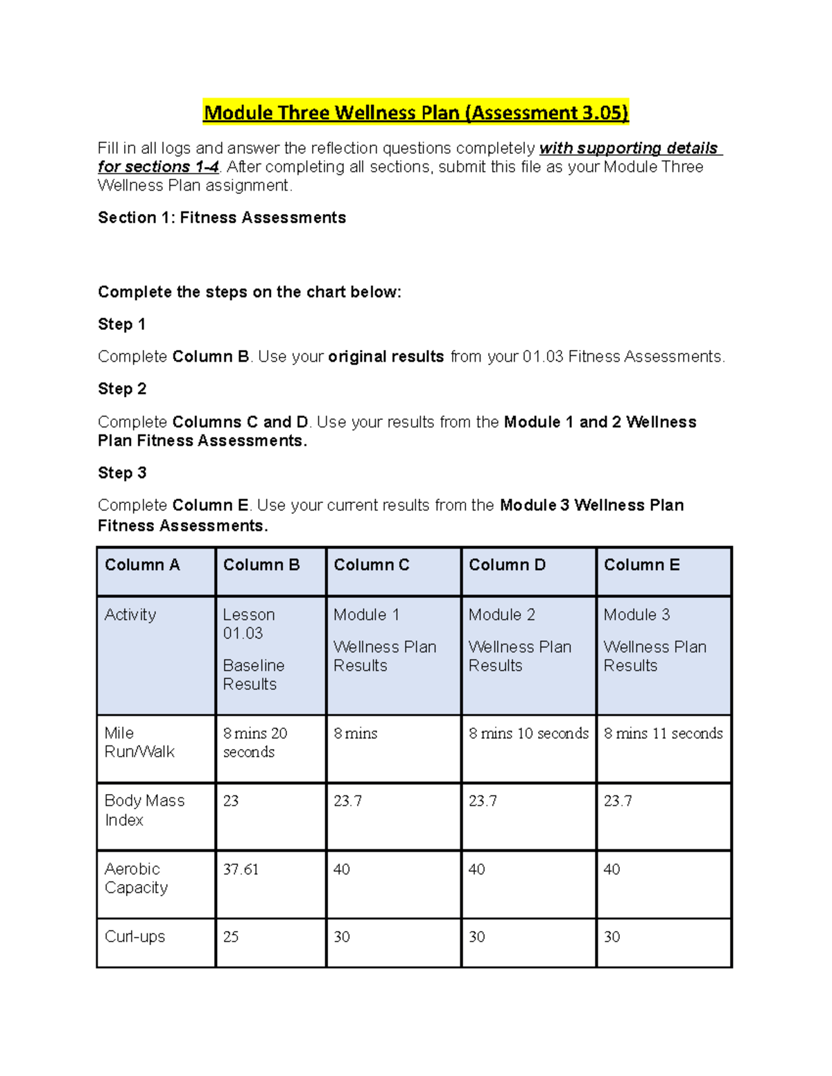 Module 3 Wellness Plan: Fitness Assessments & Logs - Studocu