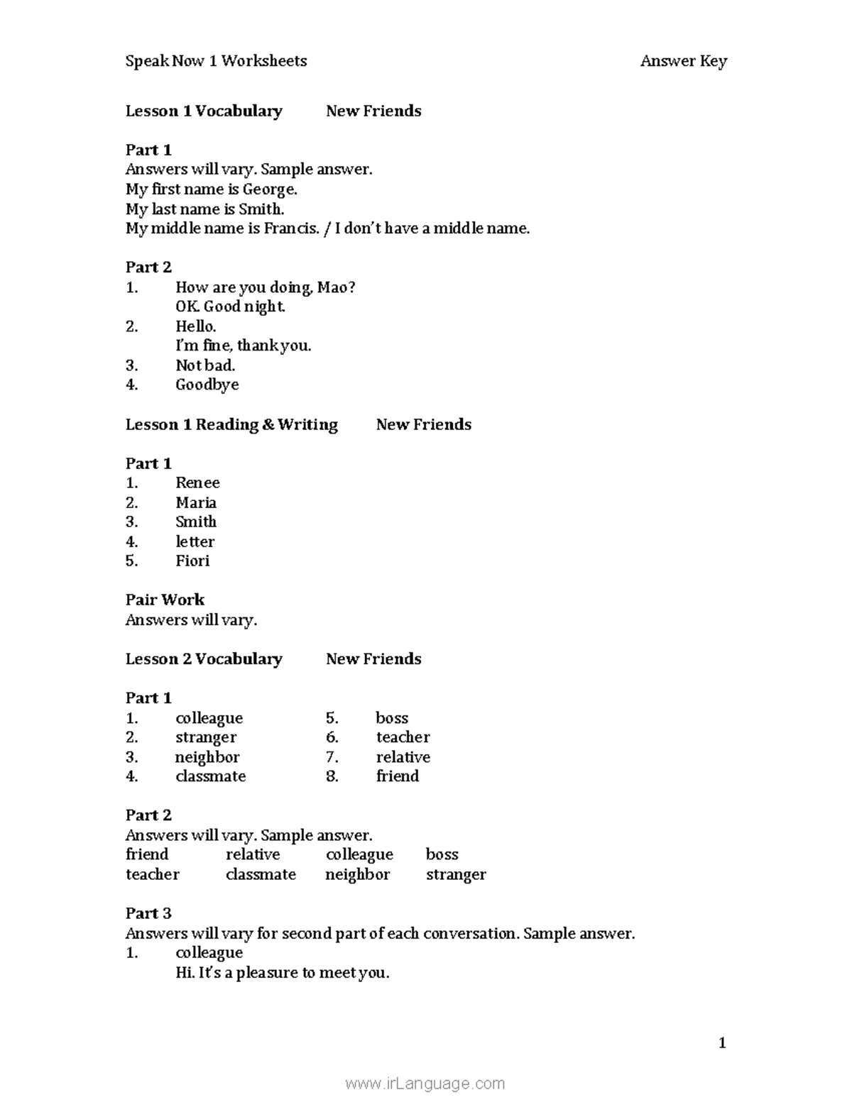 Speak Now 1 WB Answer Key: Vocabulary & Grammar Lessons 1-18 - Studocu