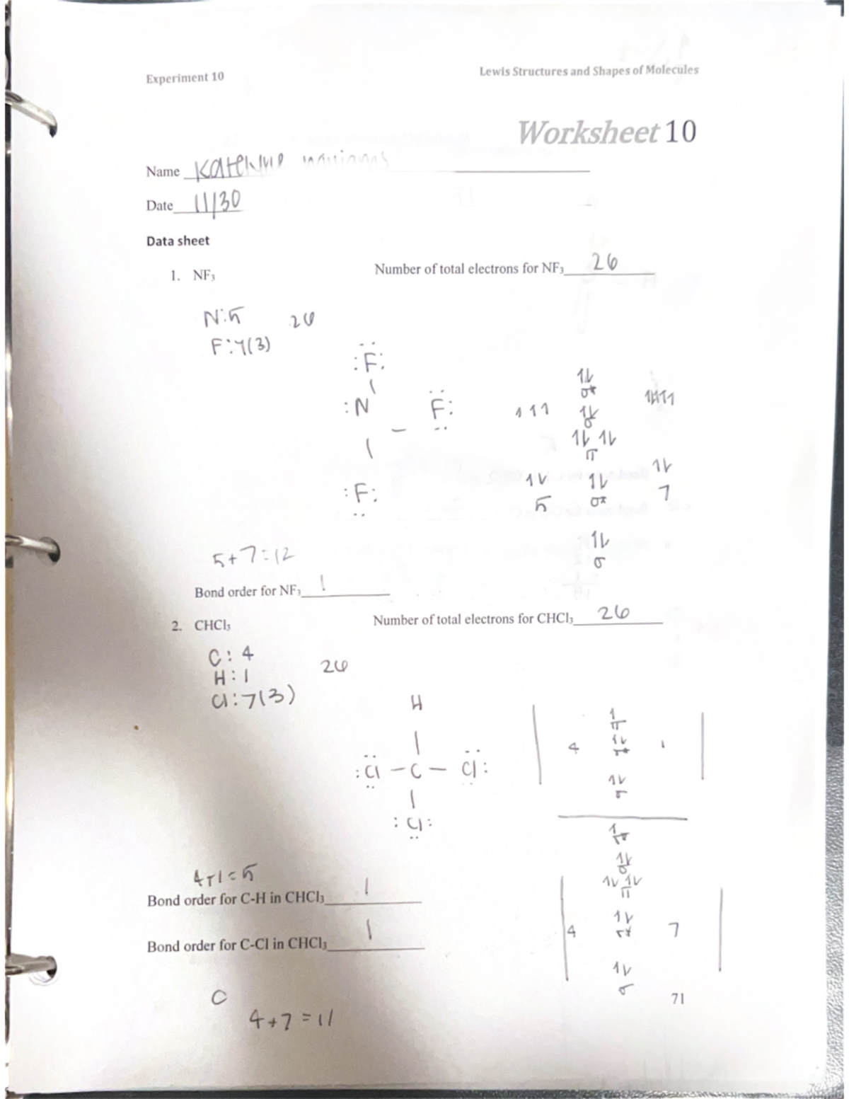 Lab Data Sheet 10 - General Chemistry 1 - Experiment 10 Lewis Structures and Shapes of Molecules ...