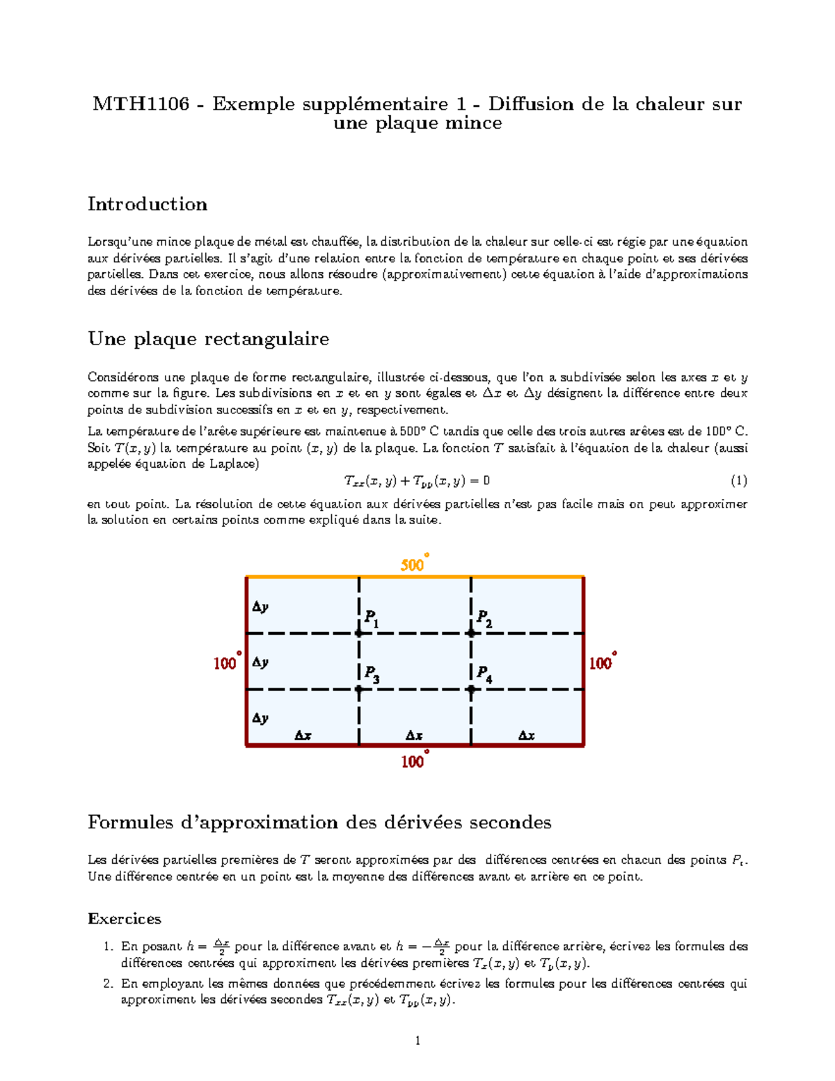 MTH1106 Exercice 1: Diffusion de la chaleur sur une plaque mince - Studocu