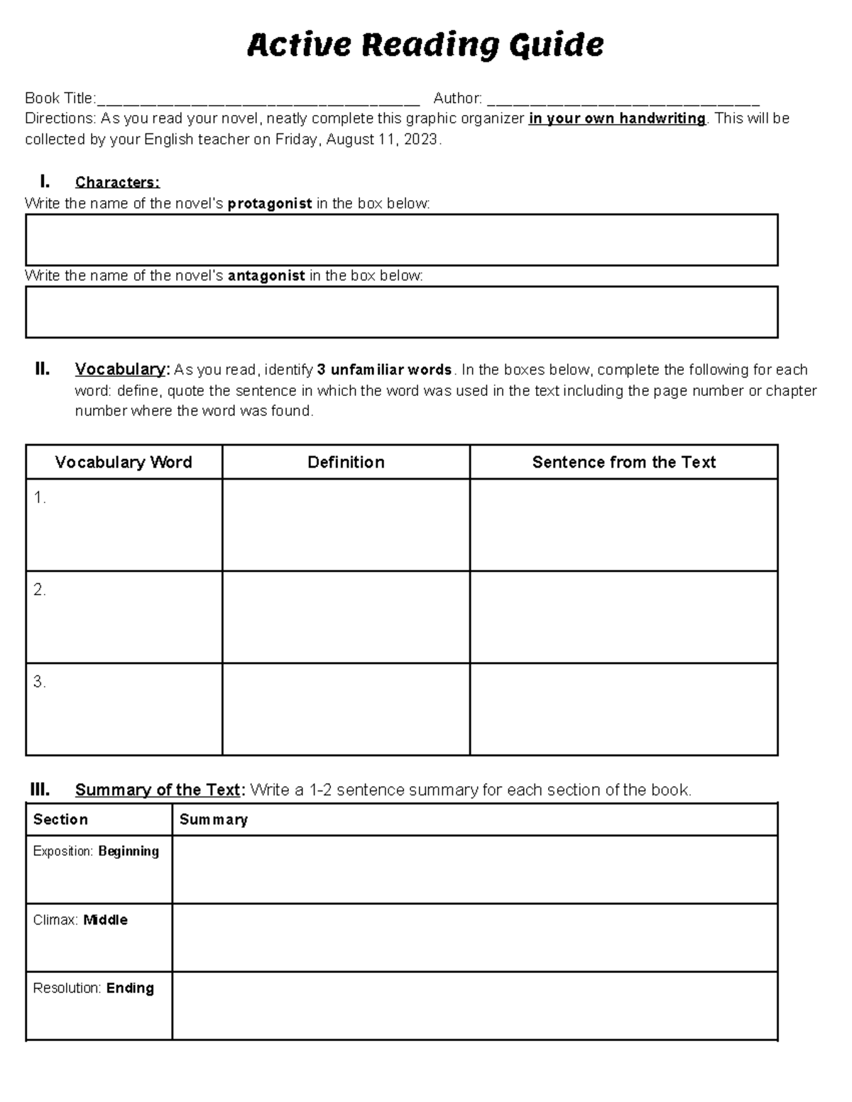 Summer Reading Active Reading Guide - Active Reading Guide Book - Studocu