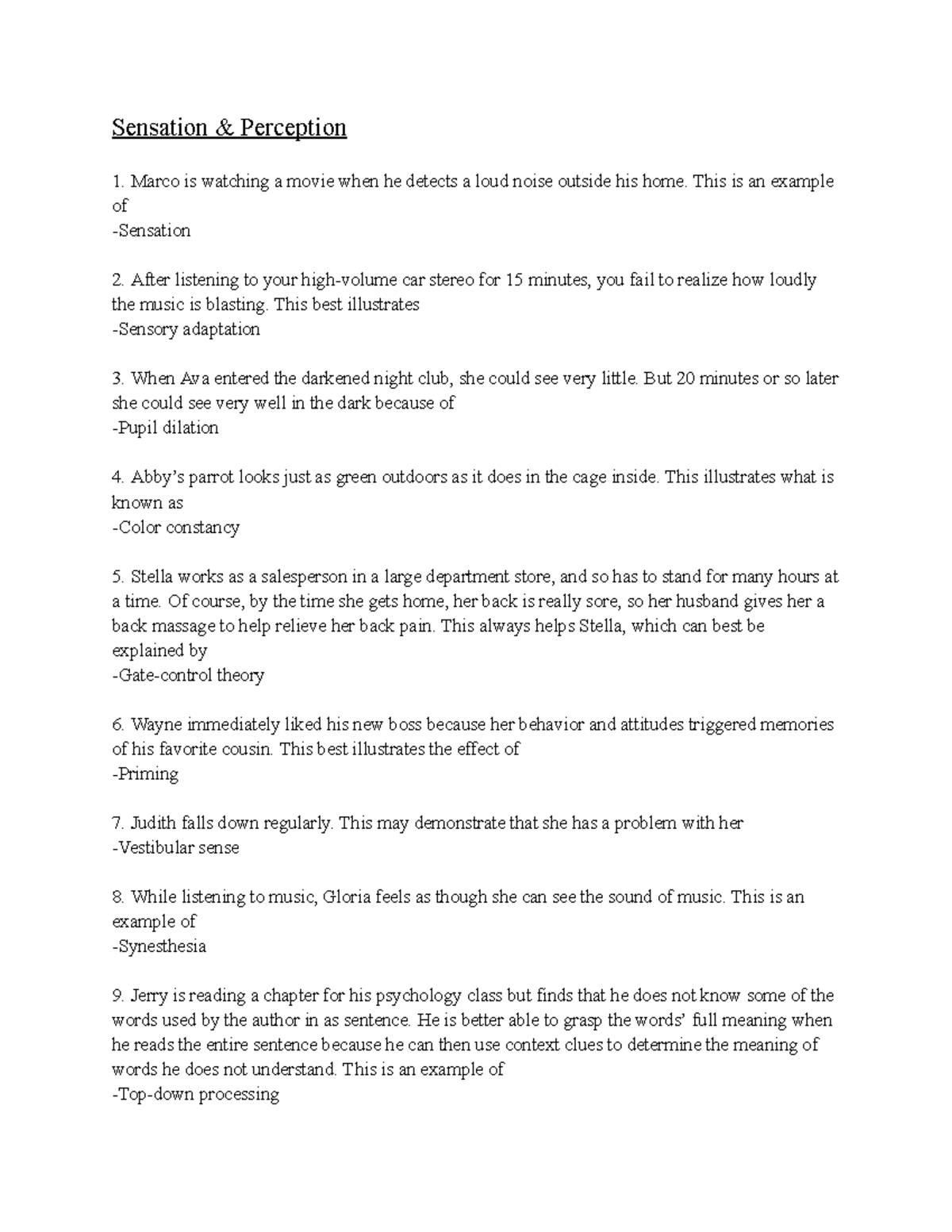 Psych 101 Quiz #6 - Sensation and Perception Insights - Studocu