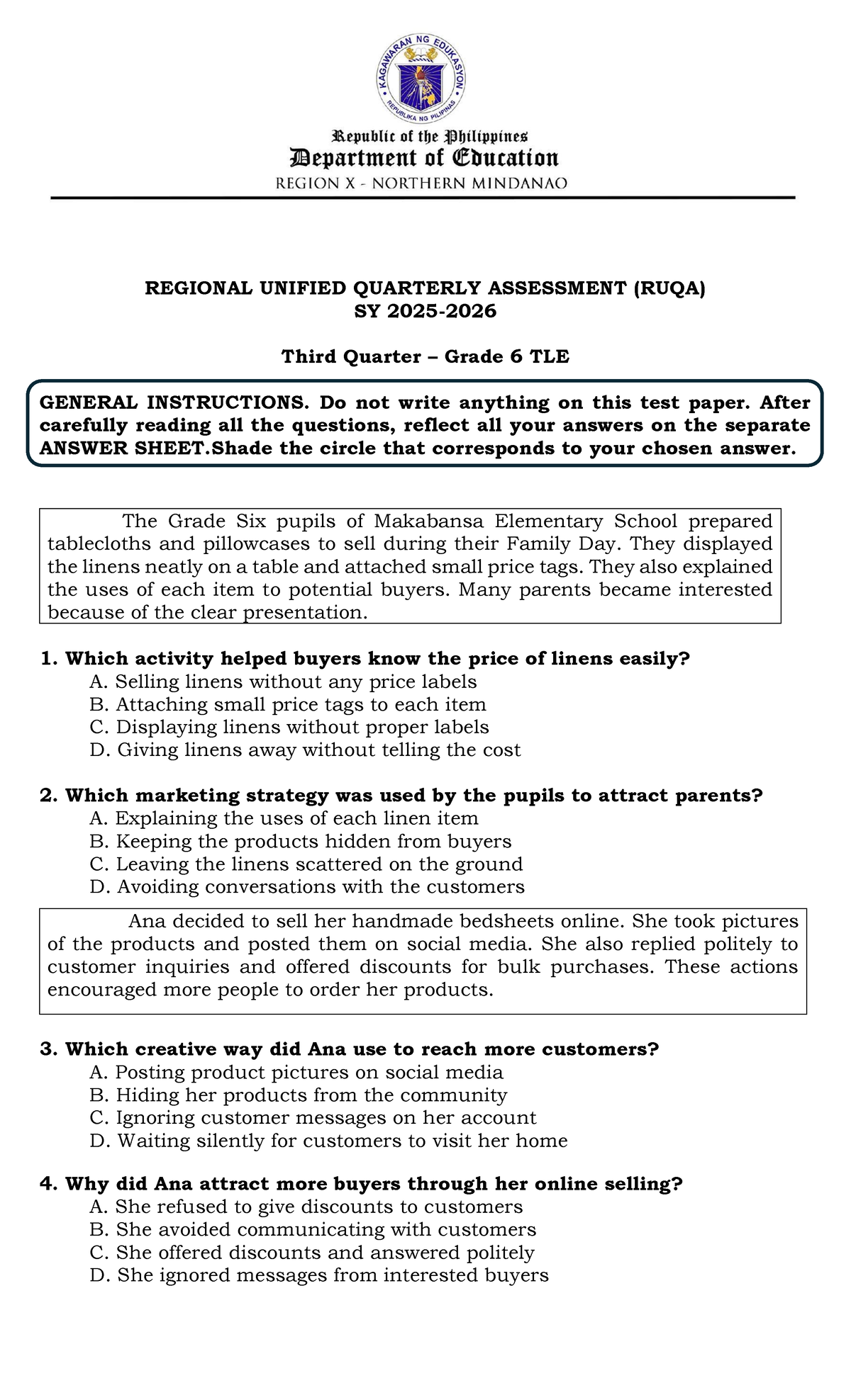 TLE 6 3rd Quarter RUQA: Marketing Strategies and Food Preservation ...