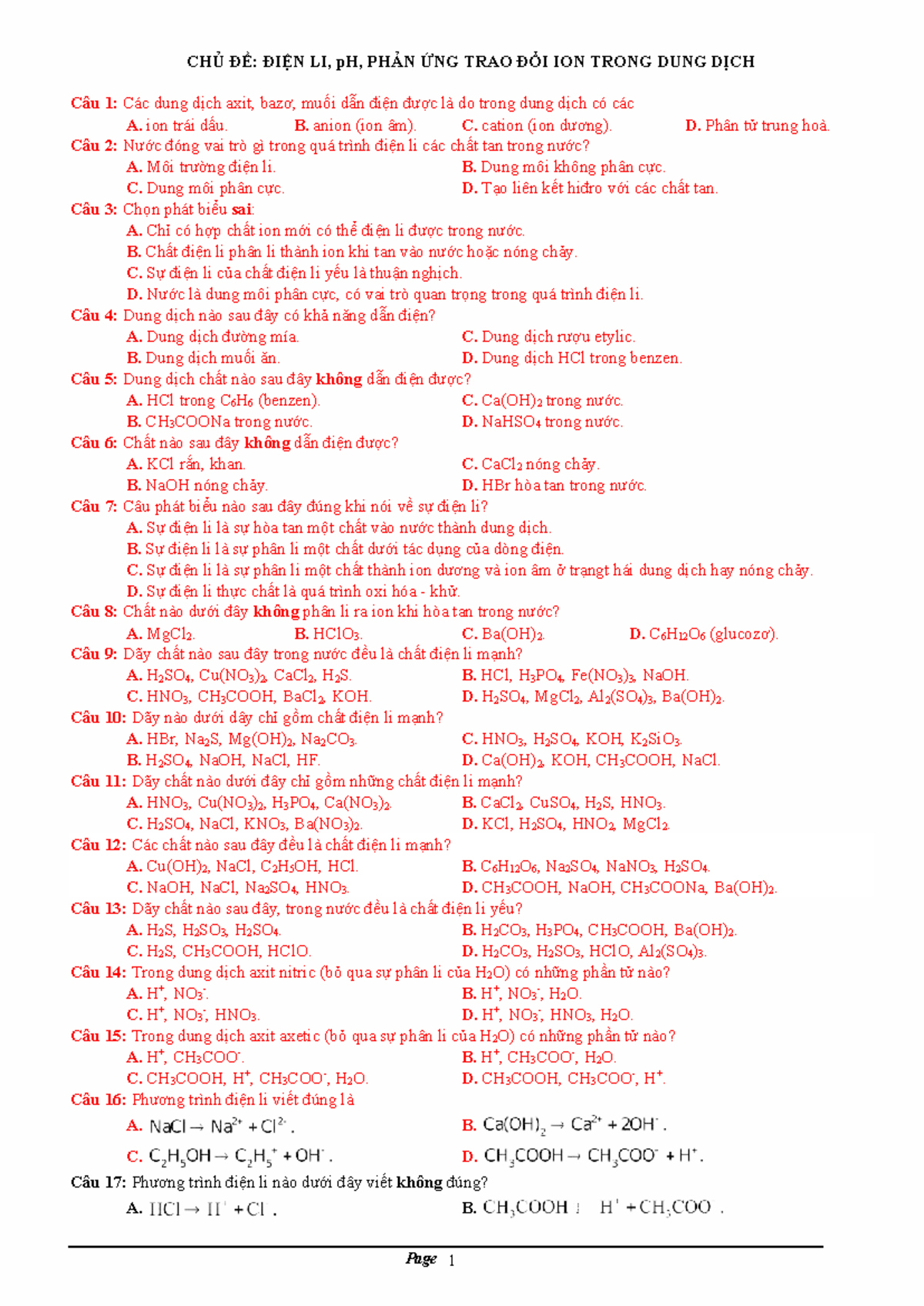 BÀI TẬP ĐIỆN LI VÀ PHẢN ỨNG TRAO ĐỔI ION - LỚP 11 - Studocu