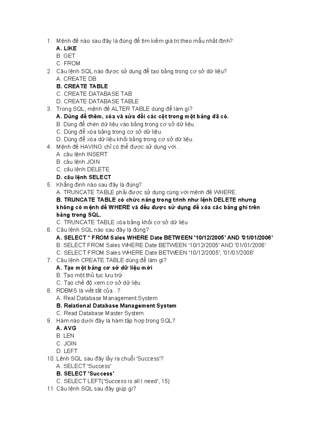 Đề 2 SQL - 50 Câu Hỏi Trắc Nghiệm về Câu Lệnh SQL - Studocu