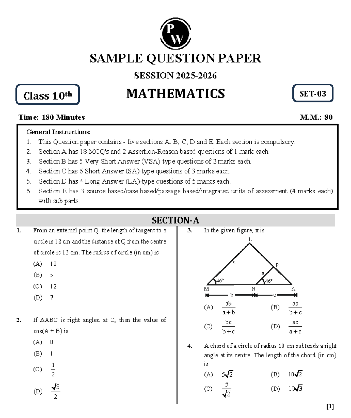 Class 10th Mathematics Sample Question Paper (Session) - Studocu