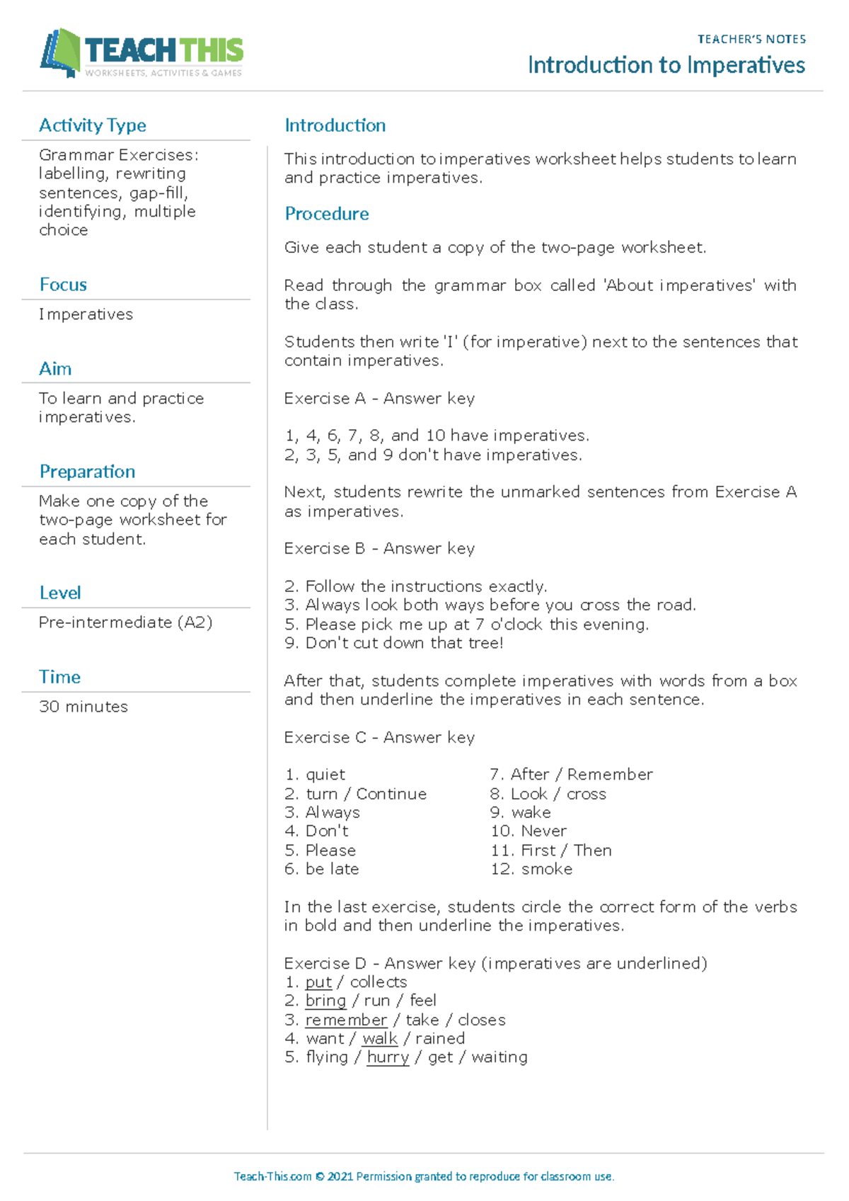 Imperatives Worksheet (A2 Level) - Grammar Exercises and Activities ...