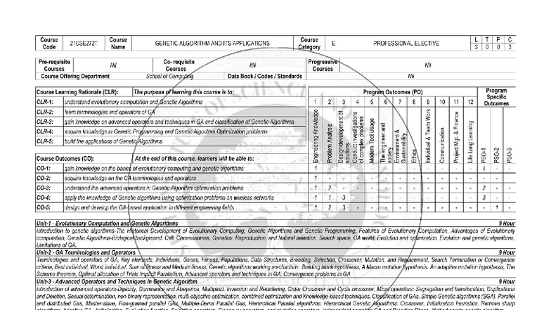 Genetic Algorithms Syllabus - LTPC 21CSE272T - Studocu
