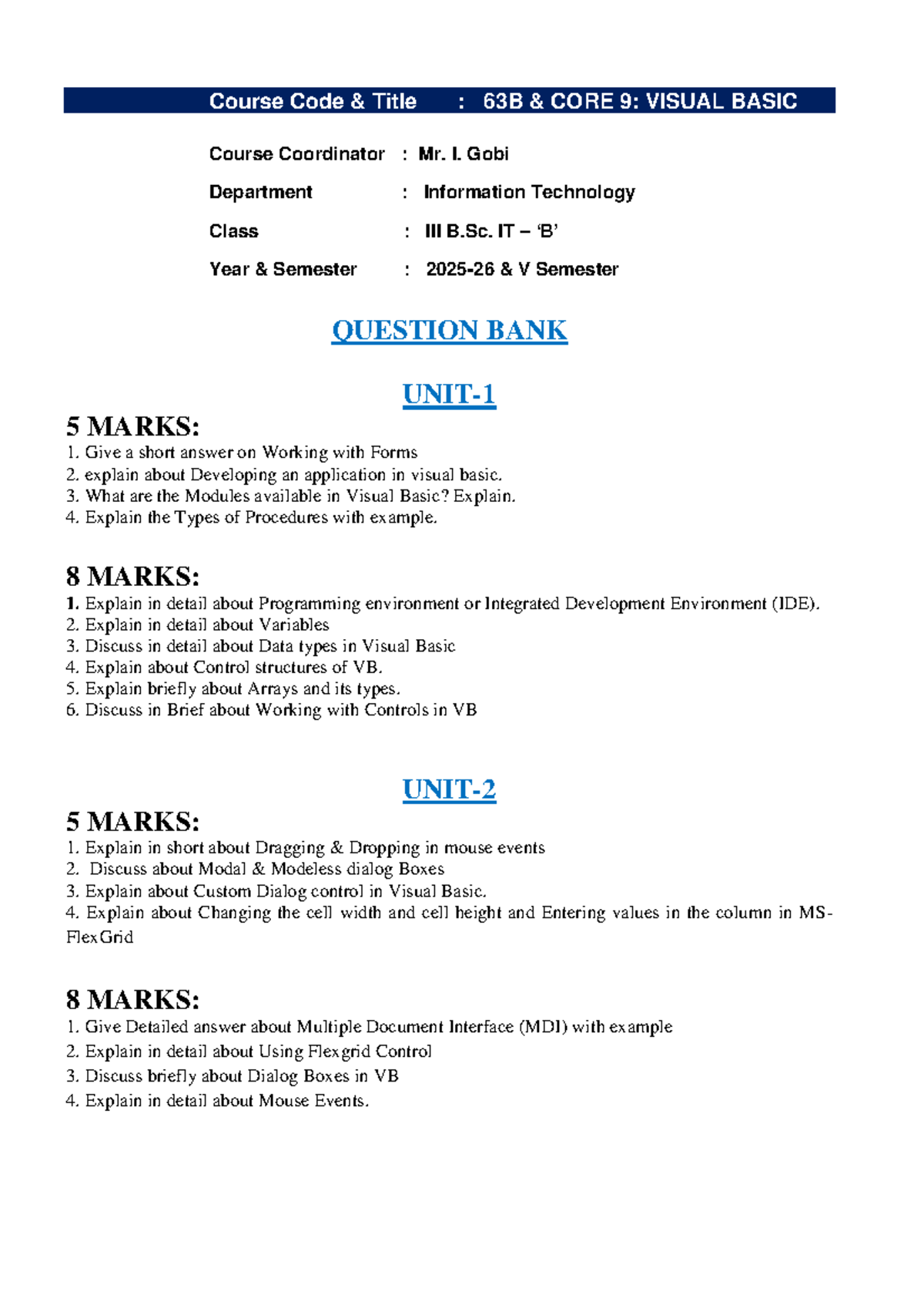 VB 63B CORE 9: Comprehensive Question Bank for Visual Basic - Studocu