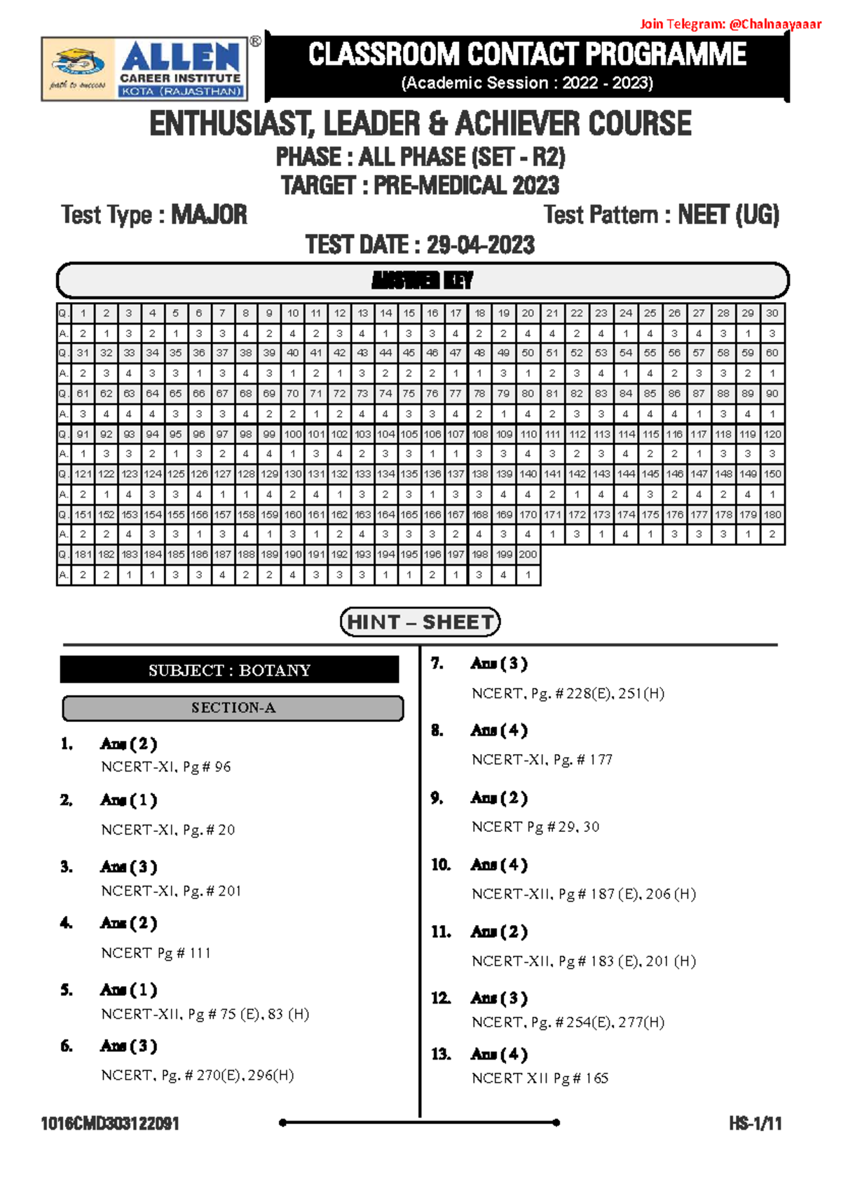 Leader Achiever Major Test 15 - NEET (UG) 2023 Answer Key - Studocu