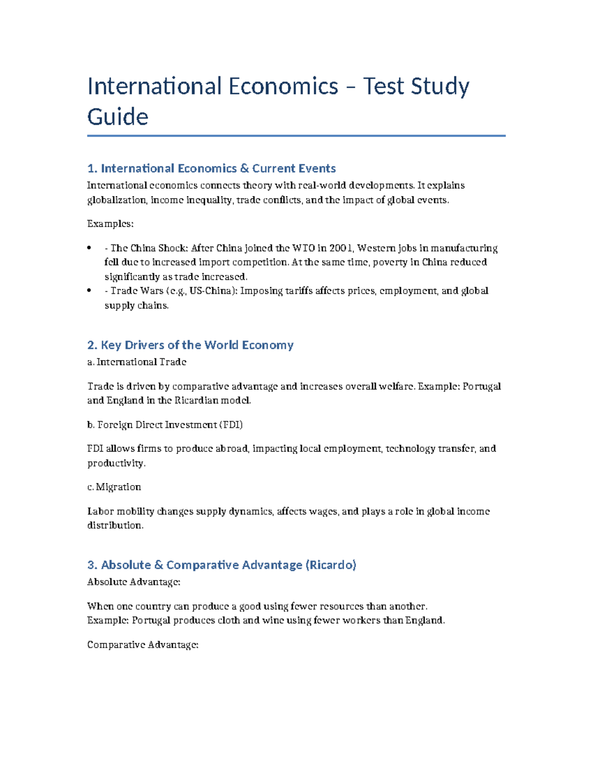 INTL ECON 101: Study Guide for Test on Trade & Globalization Concepts ...