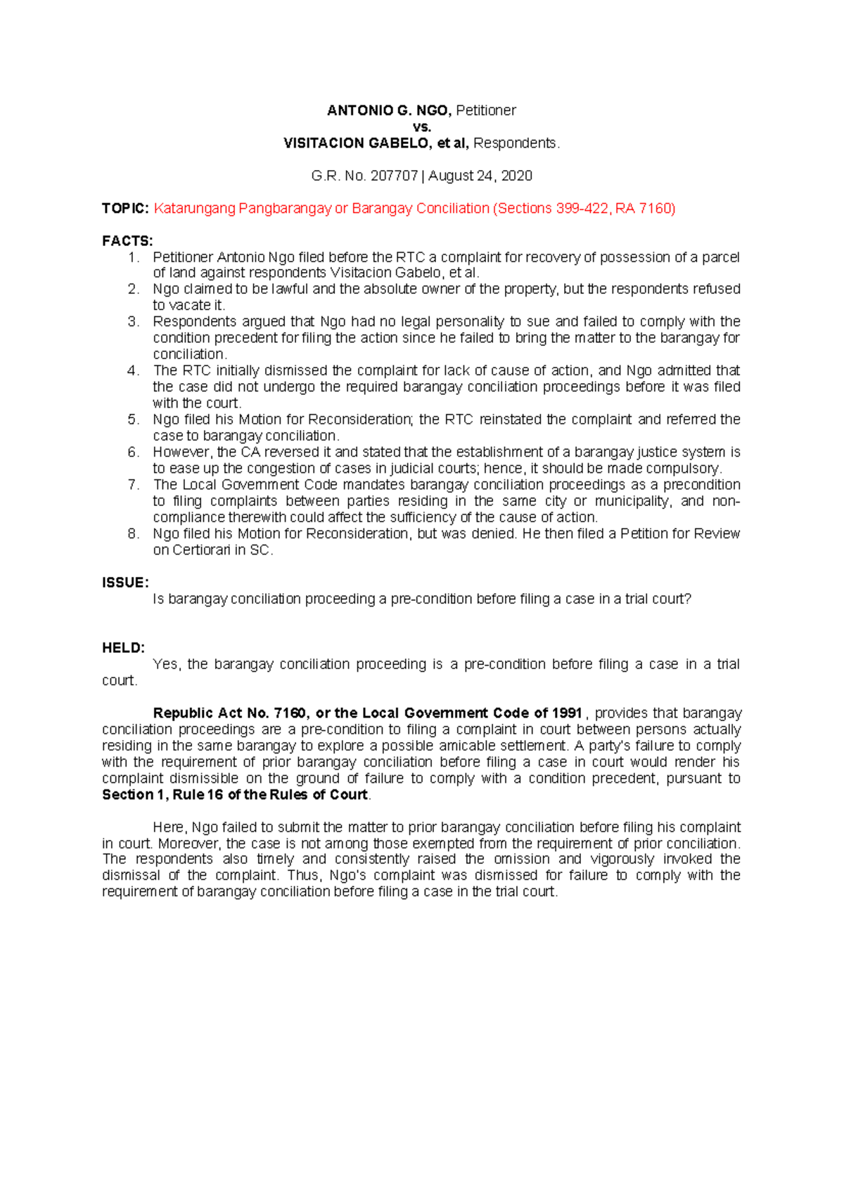 20. NGO vs. GABELO, G.R. No. 207707: Barangay Conciliation Requirement - Studocu