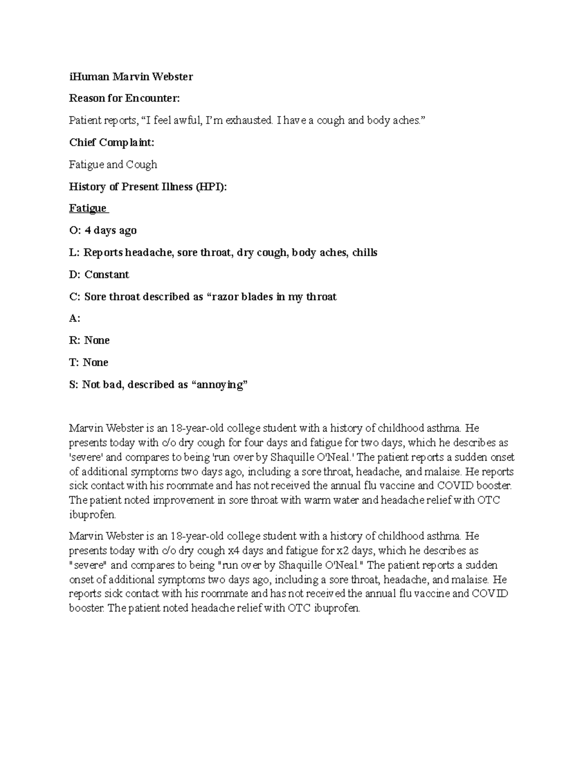 NR509 Final Exam Notes: iHuman Case Study on Marvin Webster - Studocu