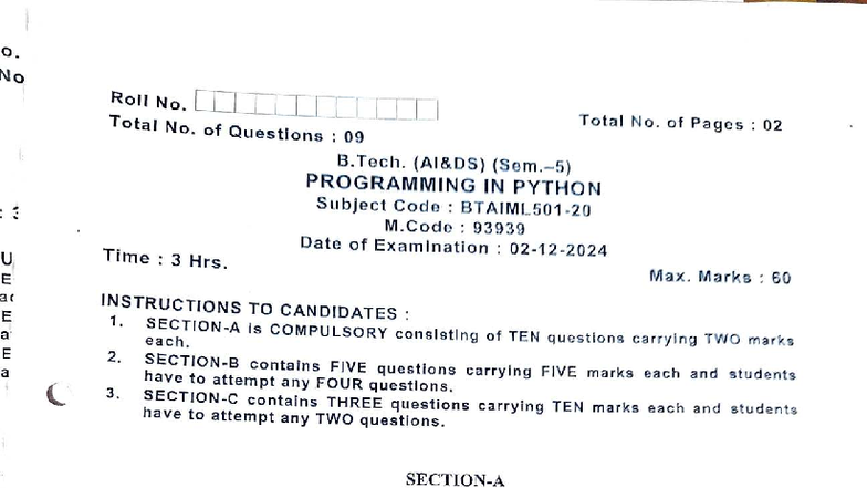 B.Tech. SEM 5 Programming in Python Exam Questions (M.Code: 93939 ...