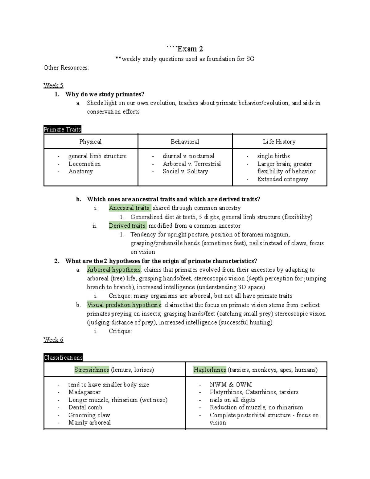 Exam 2 Study Guide - ANTH 101: Insights into Primate Behavior and ...