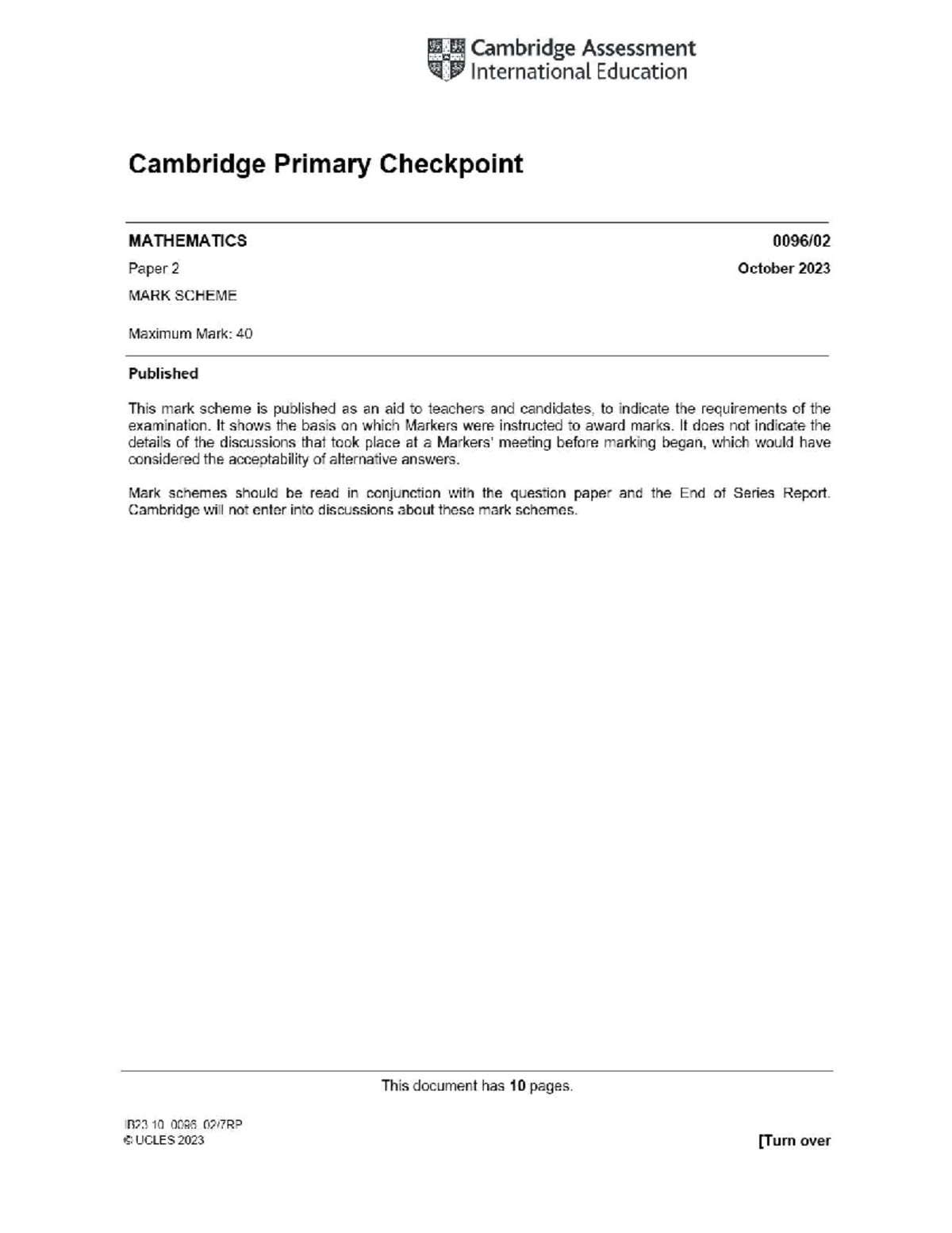 MATHEMATICS 832746777 Primary Checkpoint Paper 2 Mark Scheme Oct 2023 ...