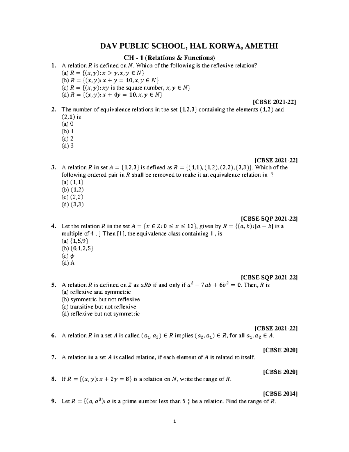 CL-12 CH-1 (Relations & Functions) Previous Year Questions - Studocu