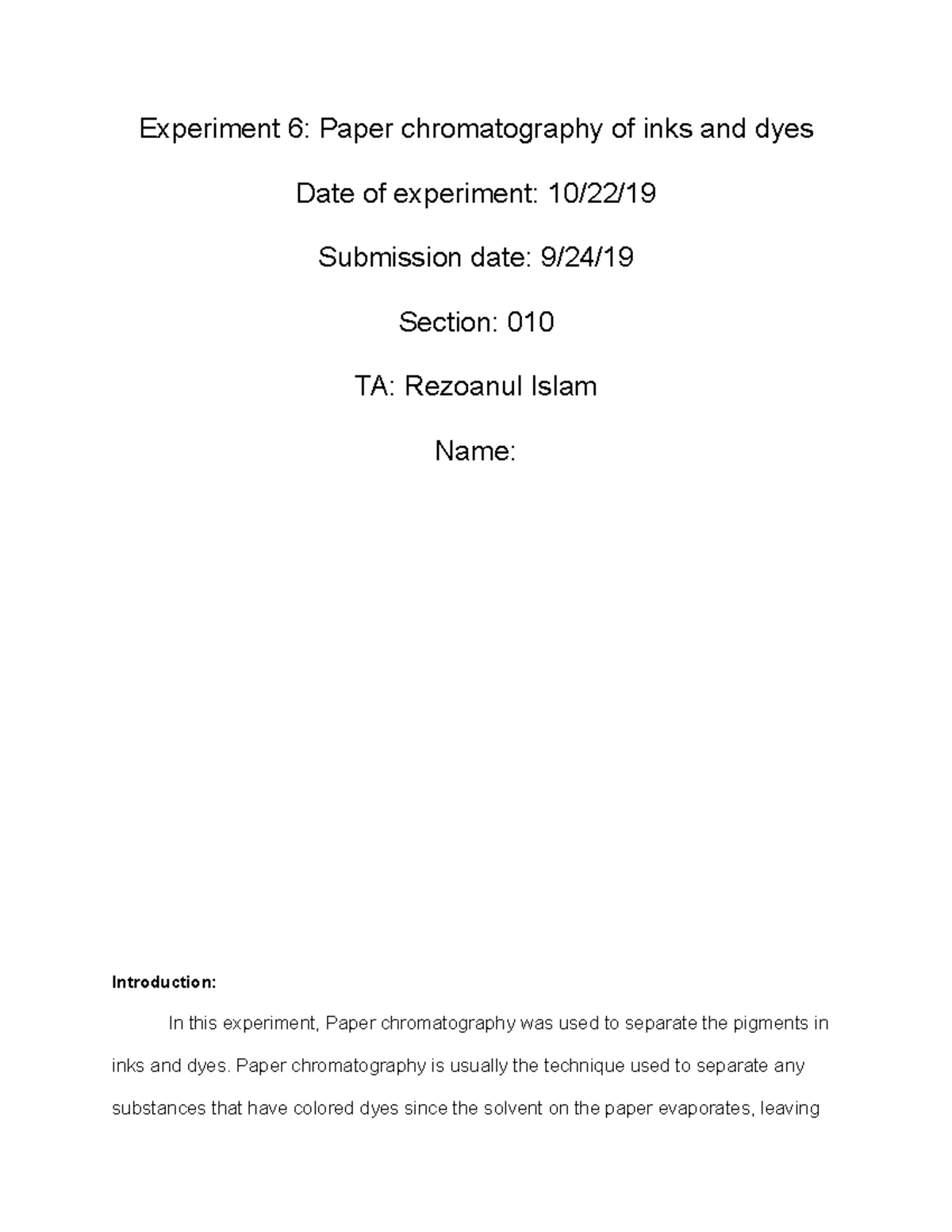 Experiment 6 Paper chromatography of inks and dyes - Paper ...
