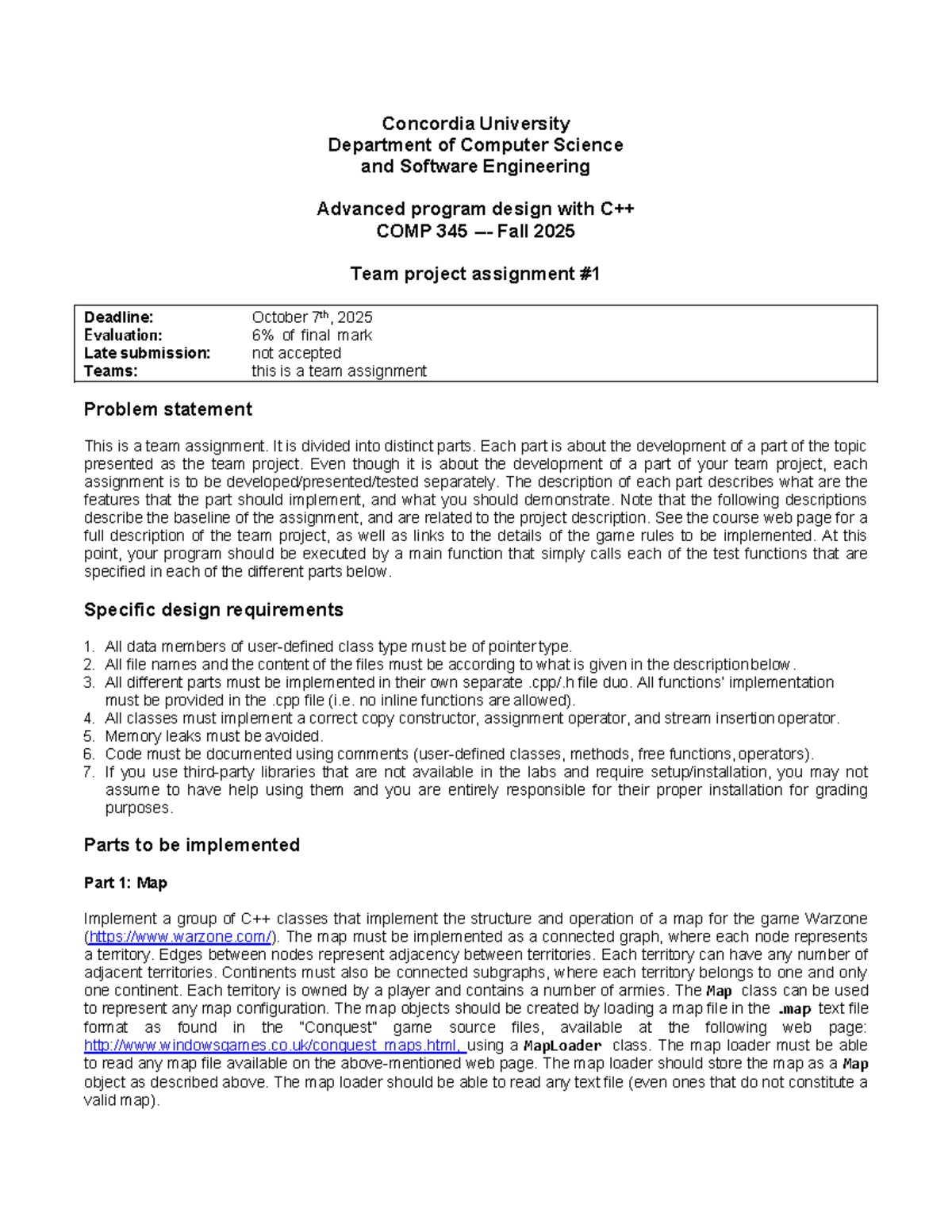 Assignment 1: COMP 345 - Team Project Overview and Requirements - Studocu