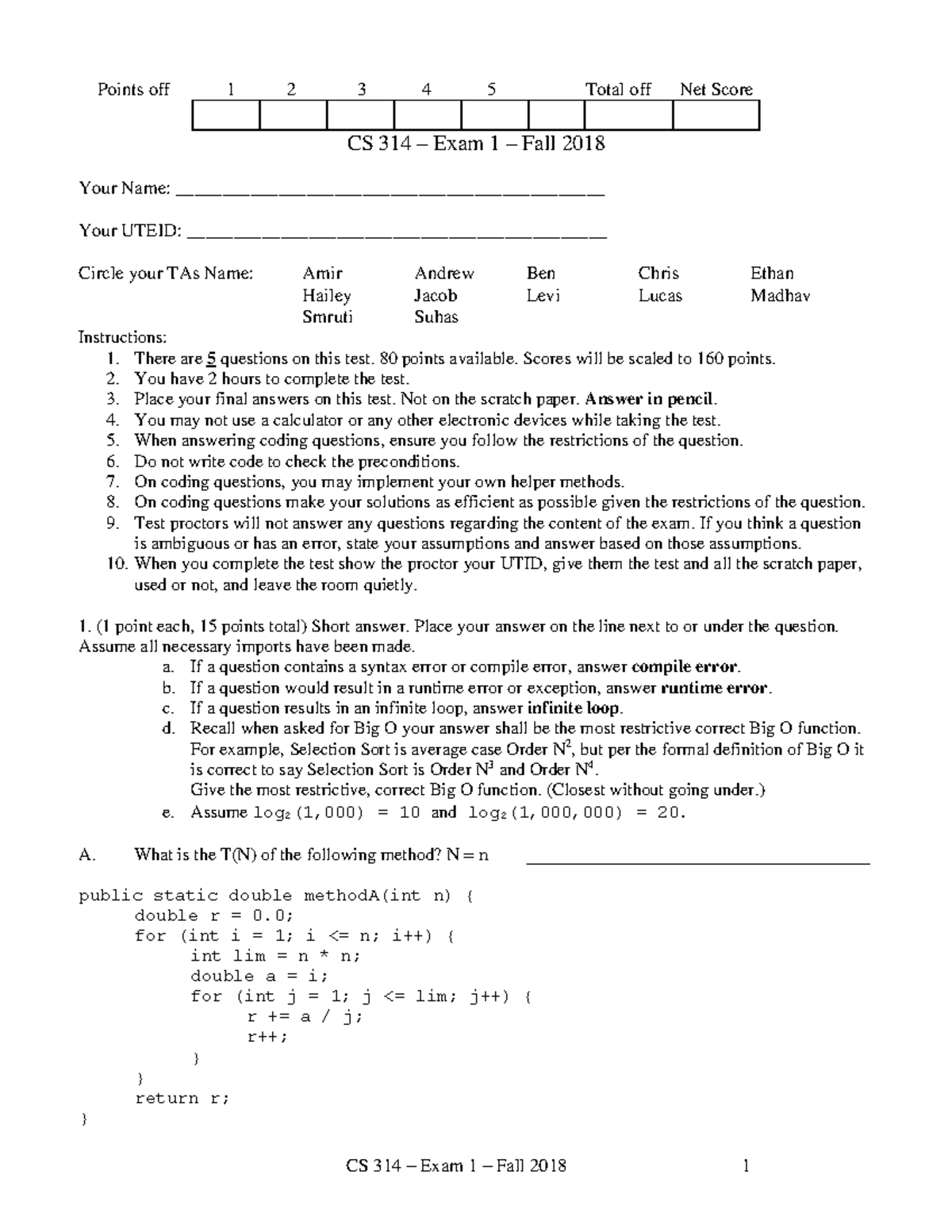 Fall 2018 E1 - Practice Exam - Points off 1 2 3 4 5 Total off Net Score ...