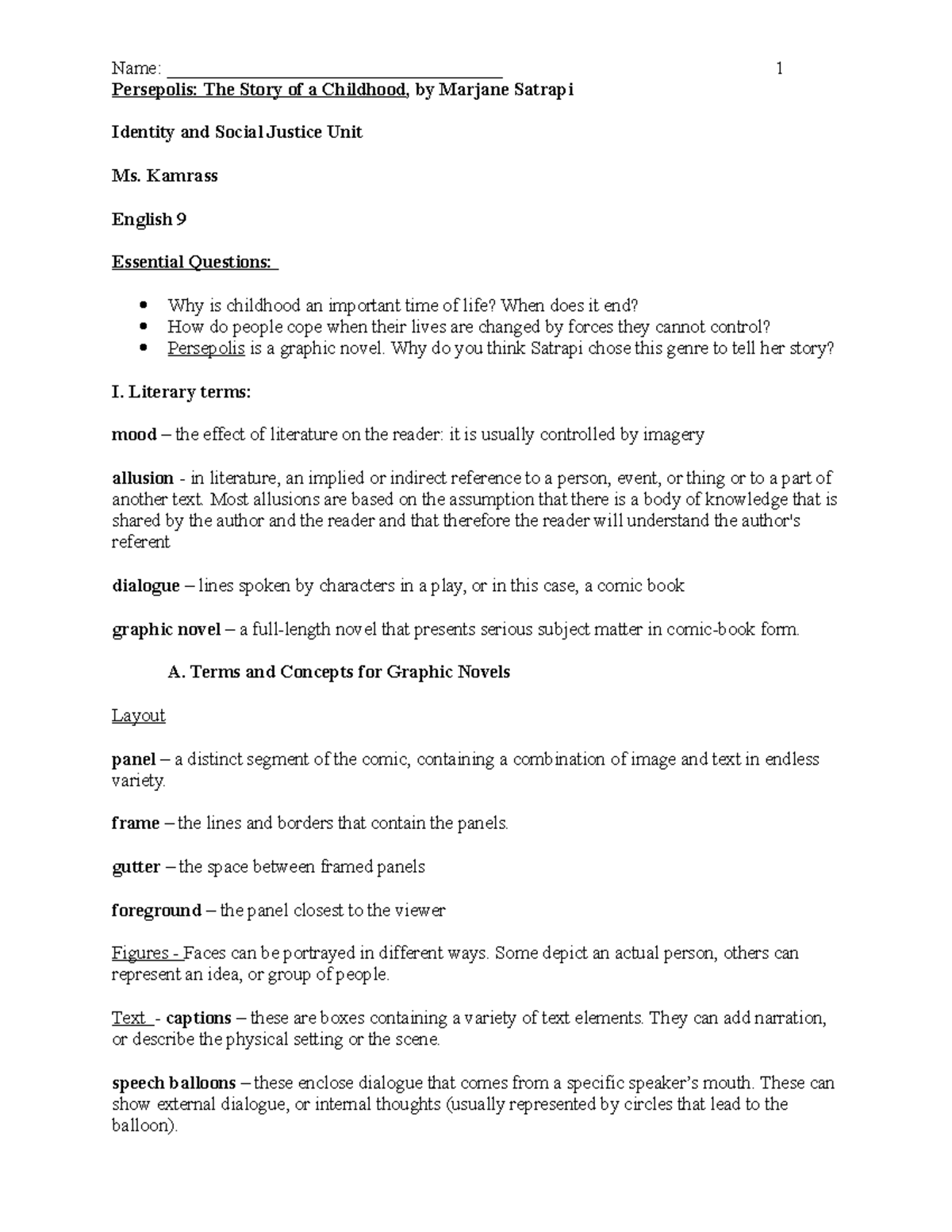 TC EK English 9 Study Guide: Analyzing Persepolis and Identity ...