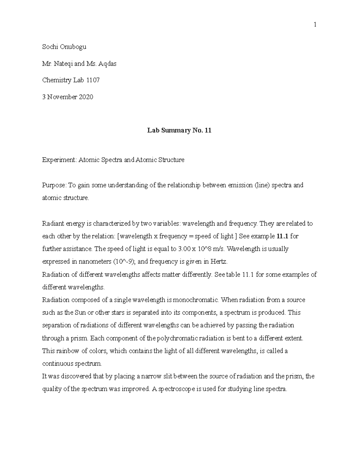 Lab Summary 11: Atomic Spectra & Structure - Chem 1107 - Studocu