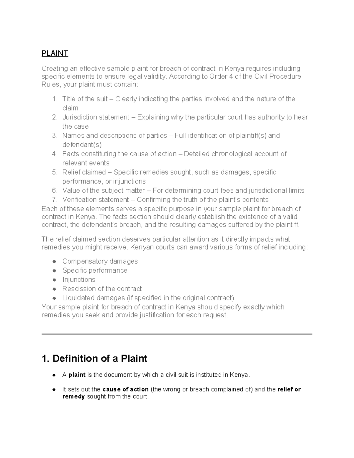 Sample Plaint for Breach of Contract in Kenya (CIVIL CASE NO. 2025 ...