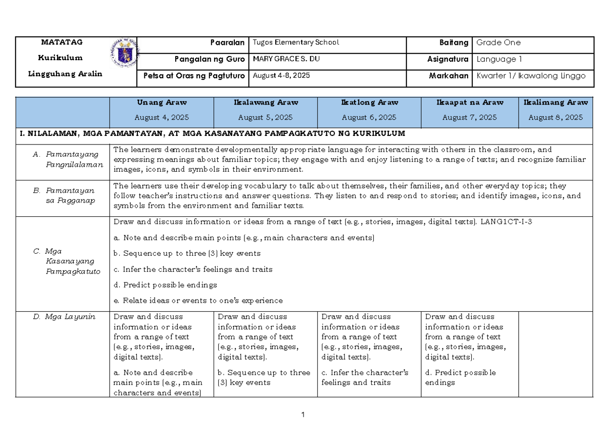 G1-Q1-DLL-WEEK 8: Language Curriculum Guide for Grade One - Studocu
