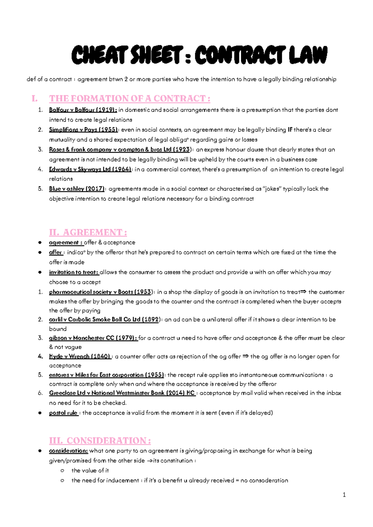 Contract Law Cheat Sheet: Key Definitions & Cases - Studocu