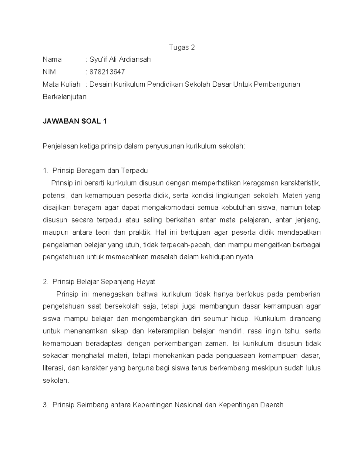 Tugas 2: Desain Kurikulum SD untuk Pembangunan Berkelanjutan - Studocu